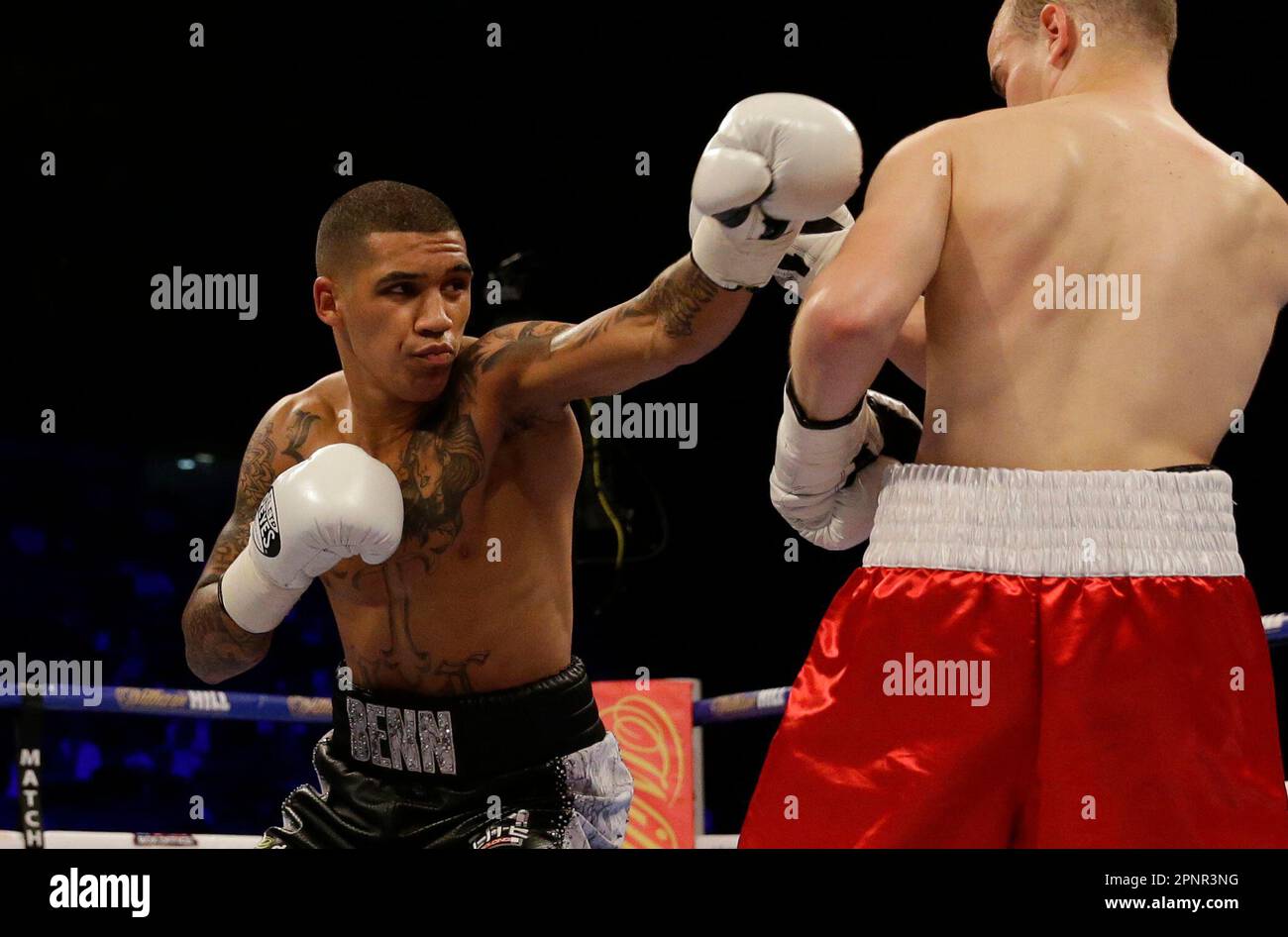 FILE - British boxer Conor Benn, left, hits Czech boxer Lukas Radic during their Super ...