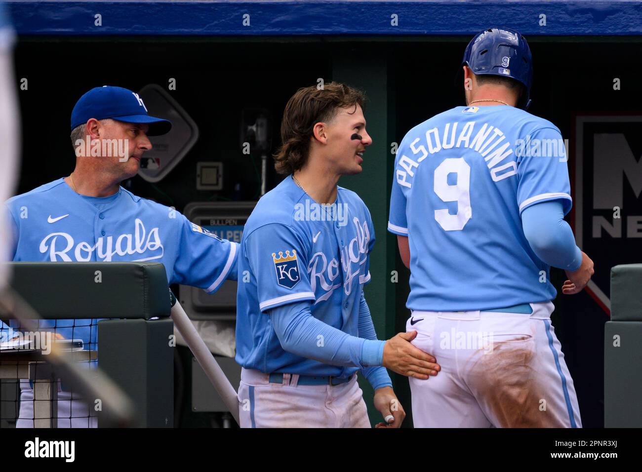 Kansas City Royals manager Matt Quatraro, left, and Royals' Bobby Witt ...