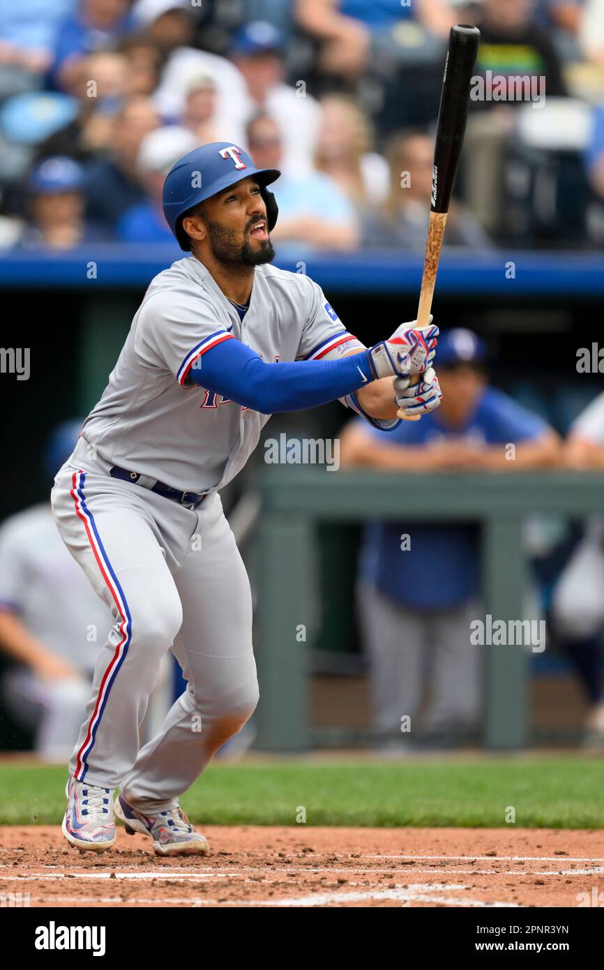 Texas Rangers' Marcus Semien hits a single during the second inning of ...