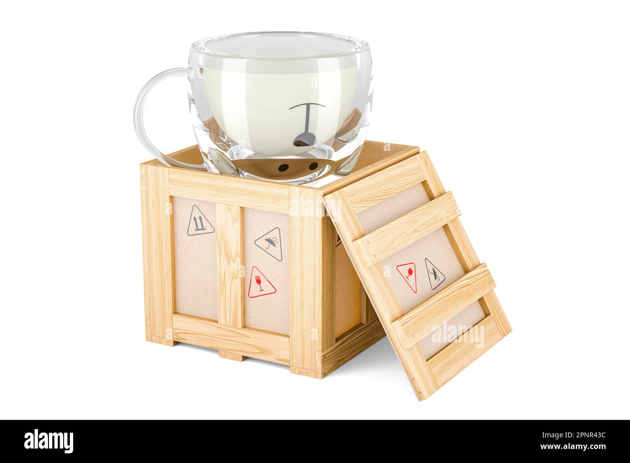 Bear tea cup full of milk inside wooden box, delivery concept. 3D ...