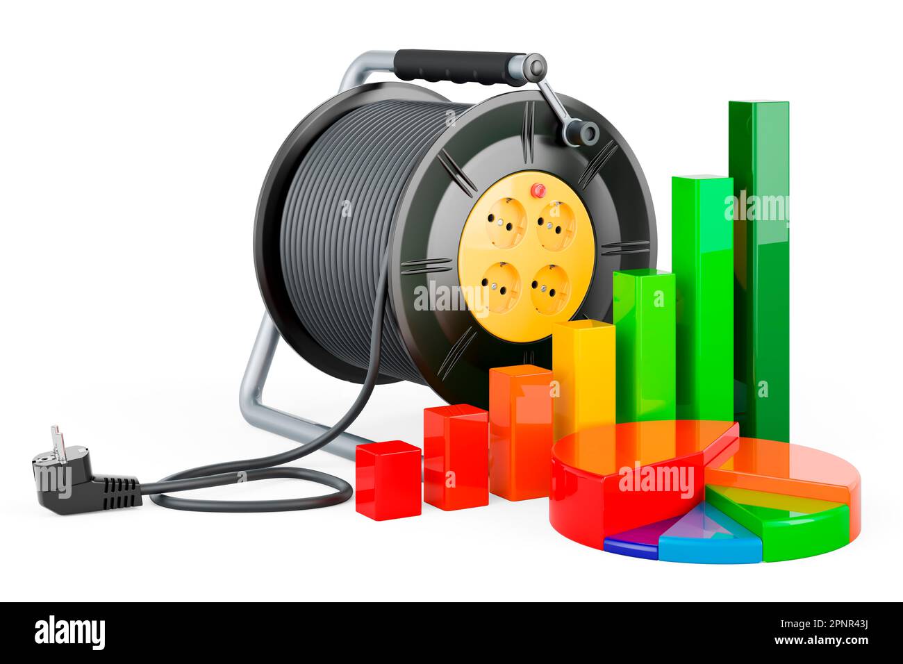 Industrial cable reel with growth bar graph and pie chart. 3D rendering ...