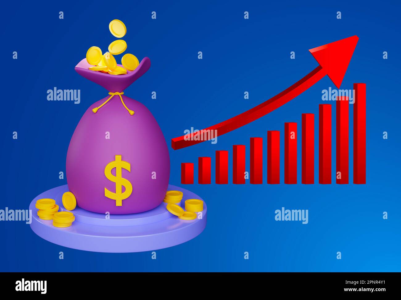 purple Money bag with gold coins and red chart on blue background ...