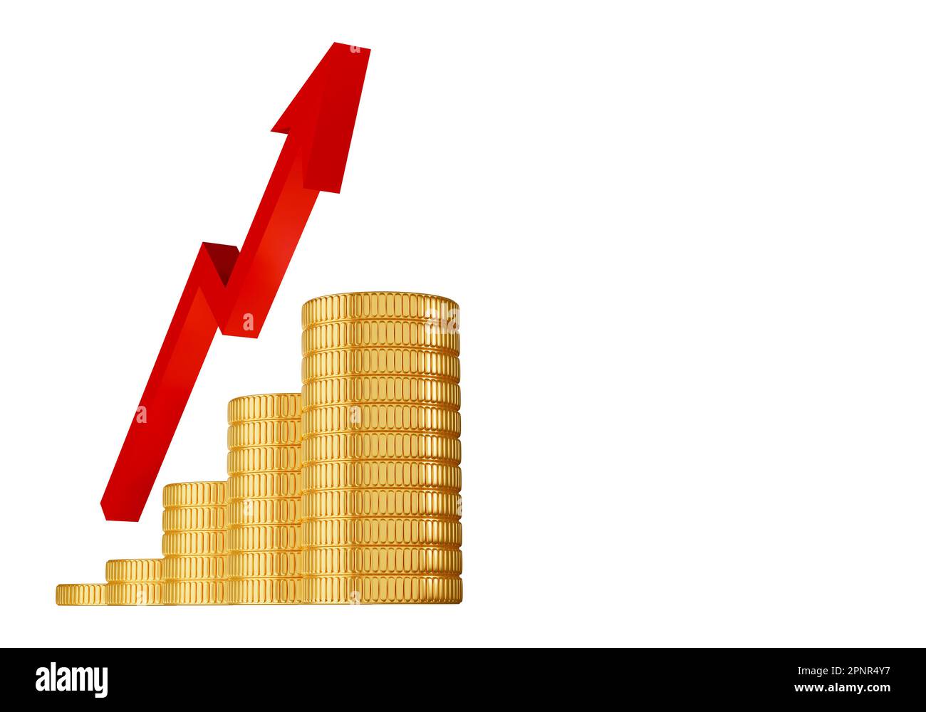 Gold coins with red arrow isolated white background with copy space 3D ...