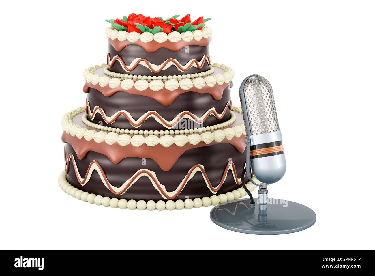 Chocolate Cake with microphone, 3D rendering isolated on white ...