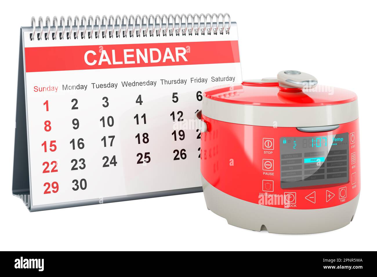 Automatic multicooker with desk calendar, 3D rendering isolated on ...