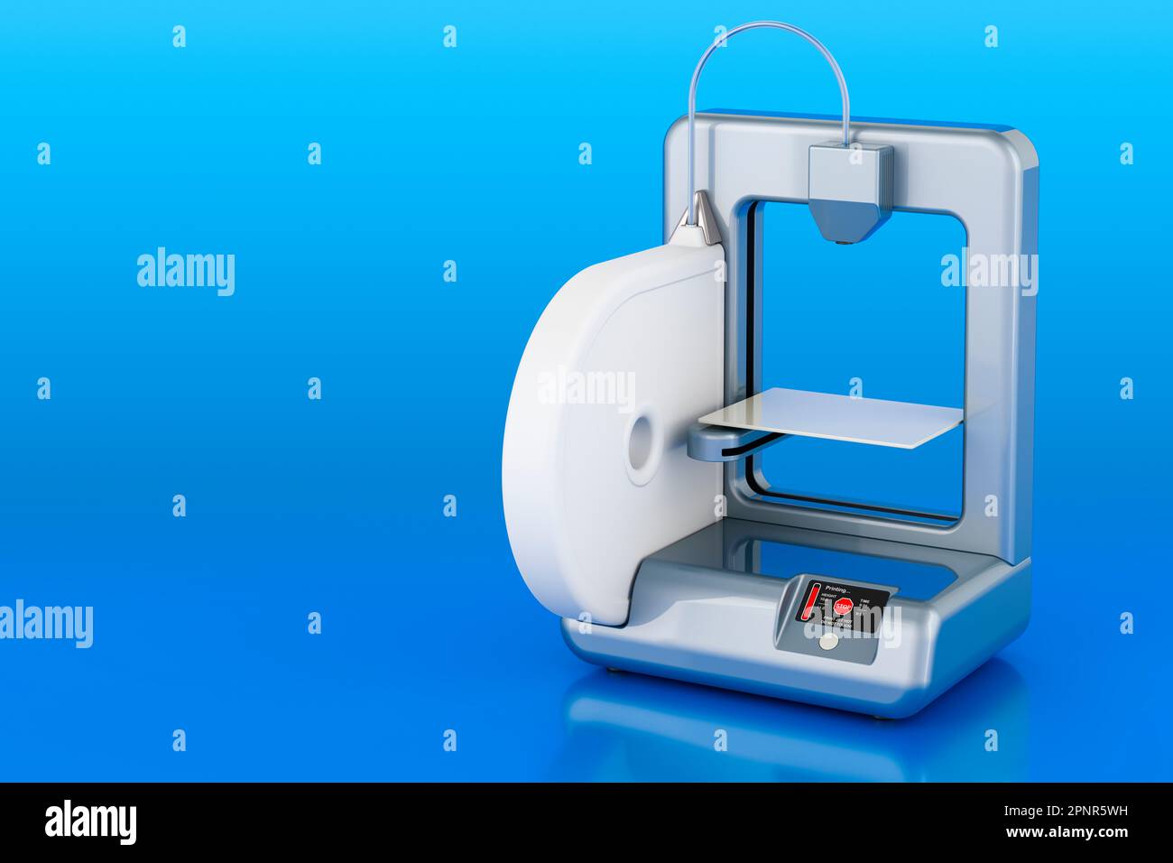 Modern 3D printer on blue backdrop, 3D rendering Stock Photo - Alamy