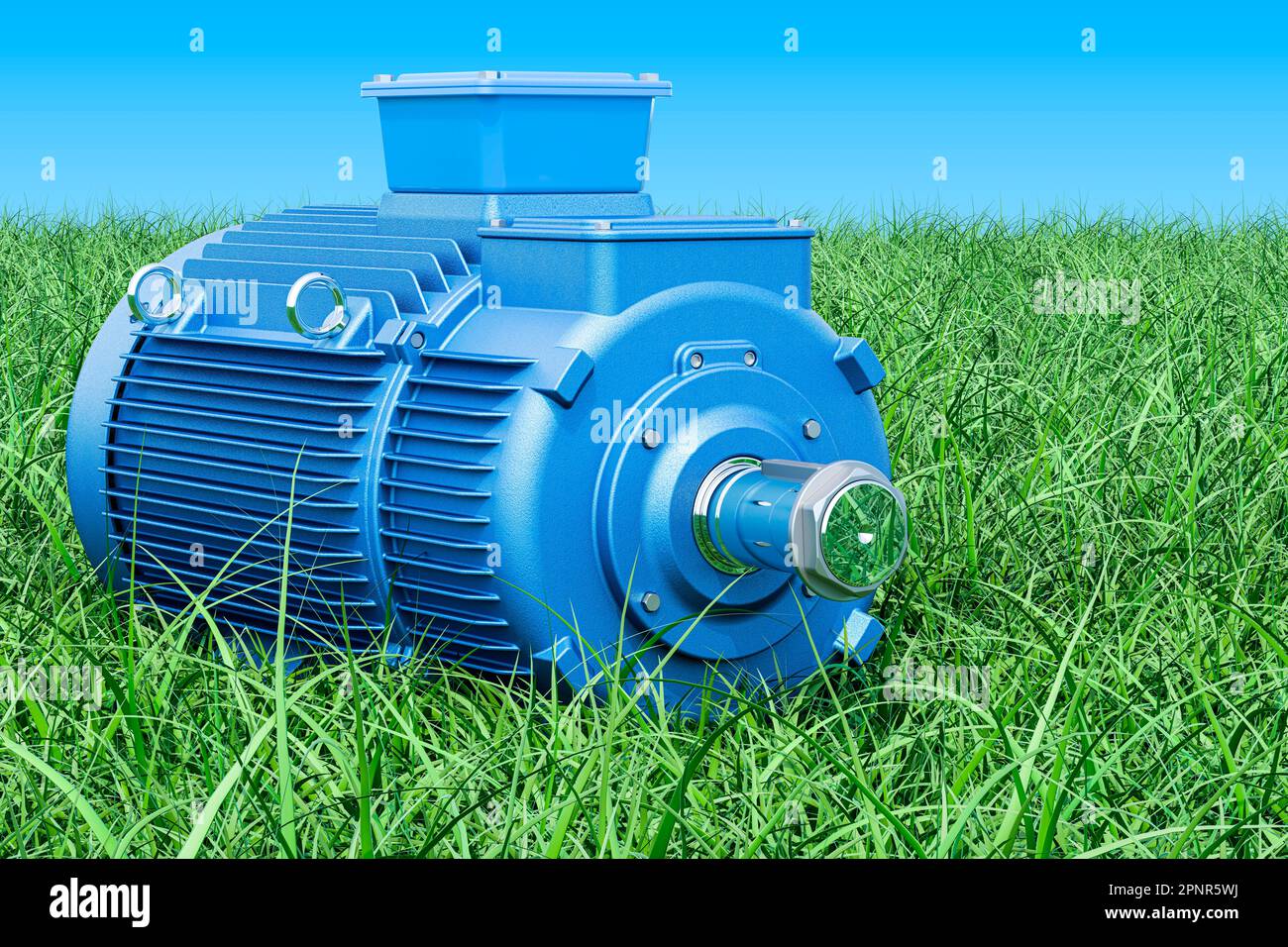 Industrial electric motor on the green grass against blue sky, 3D ...