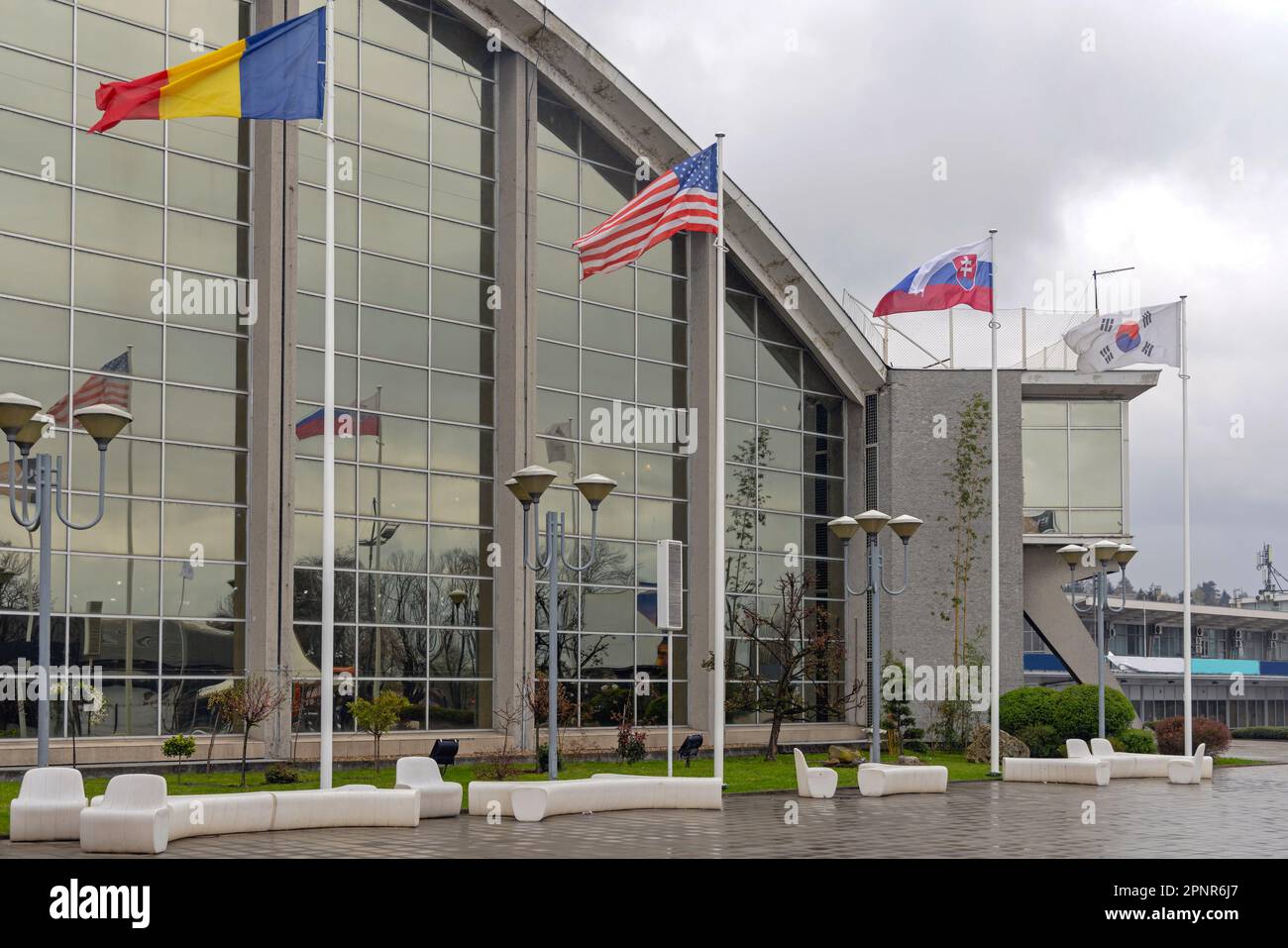 International Flags in Front of Conference Centre Building Venue Stock ...