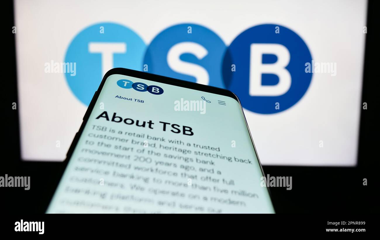 Mobile phone with website of British financial company TSB Bank plc on ...