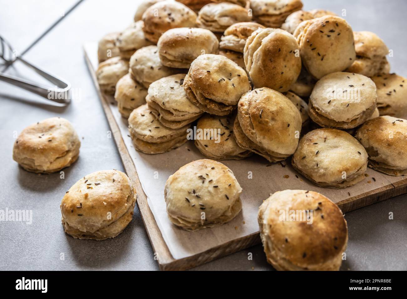 A full plate of fresh Pagace traditional Eastern European salty buns ...