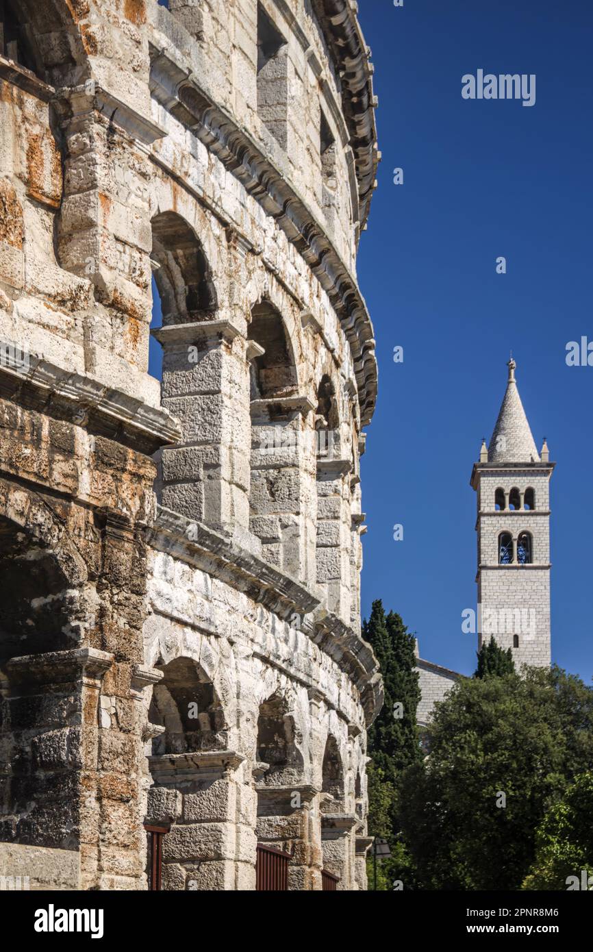 The Pula Arena, a Roman amphitheatre, and the Saint Anthony's church in ...