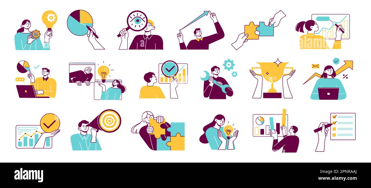 People and their business activities, data work, research and analytics ...
