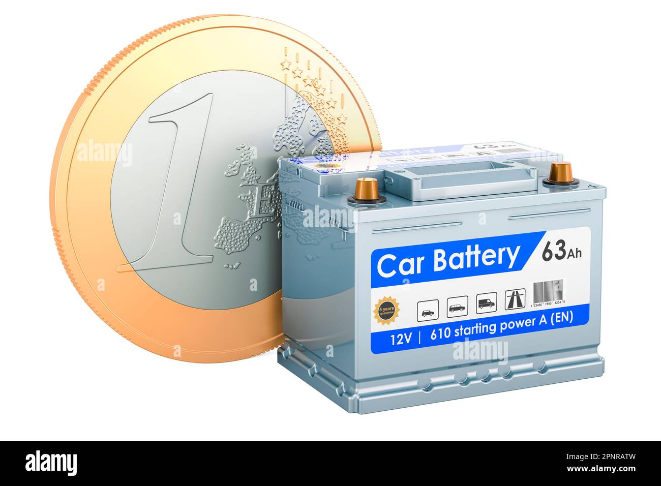 Car battery with euro coin, 3D rendering isolated on white background ...