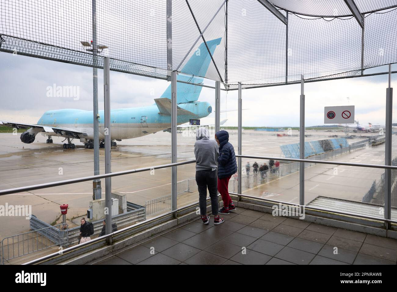 Hahn, Germany. 20th Apr, 2023. Passengers stand on the observation deck ...