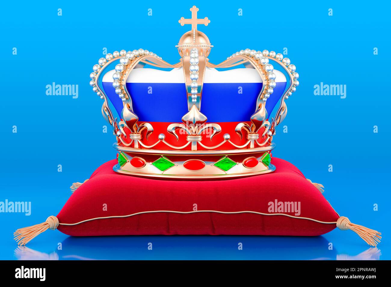 Royal golden crown on pillow with Russian flag, 3D rendering isolated ...