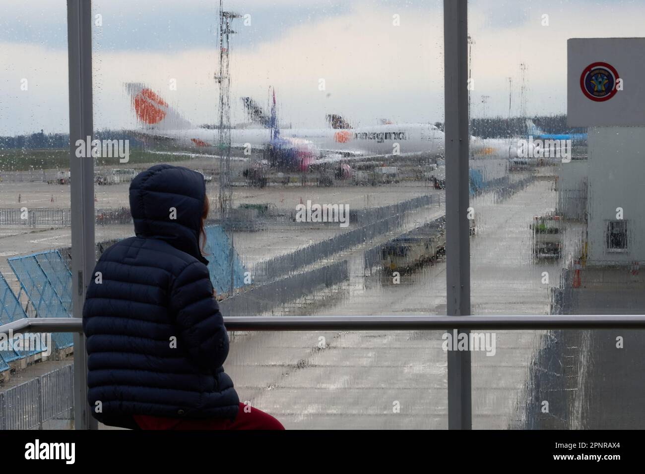Hahn, Germany. 20th Apr, 2023. Passengers stand on the observation deck ...