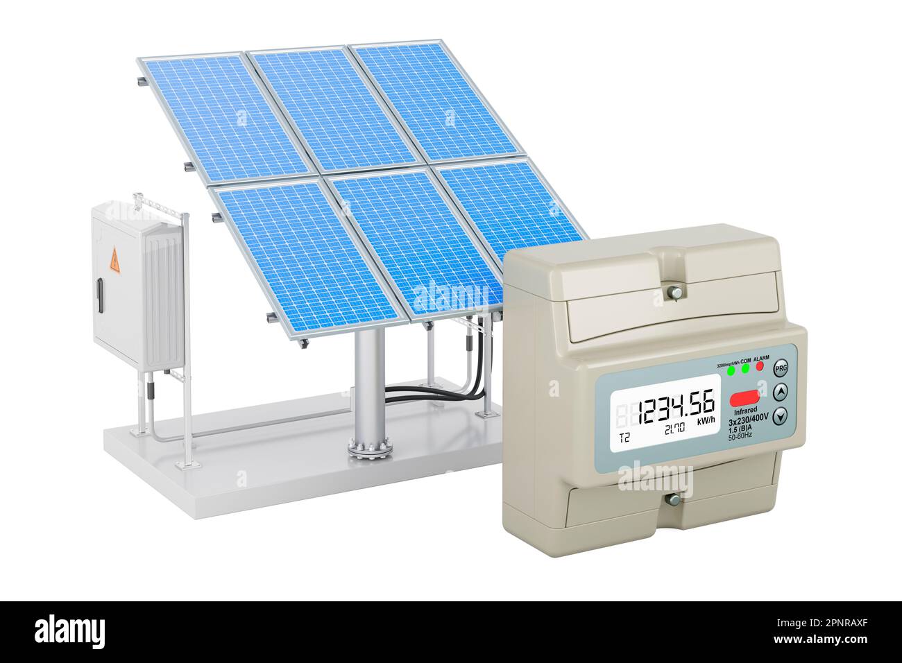 Electric meter with solar panel, 3D rendering isolated on white ...