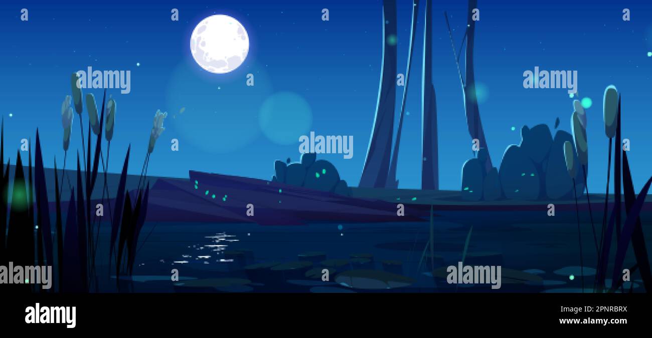 Swamp and cattail near lake, full moon night vector background. Pond ...