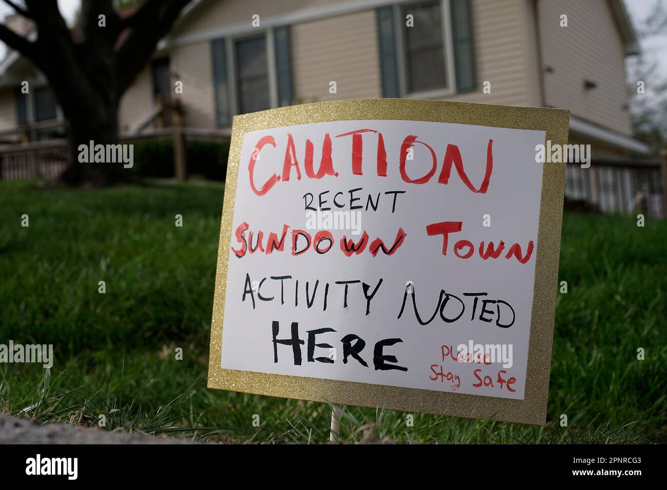 A sign is seen, Wednesday, April 19, 2023, in front of the house where ...