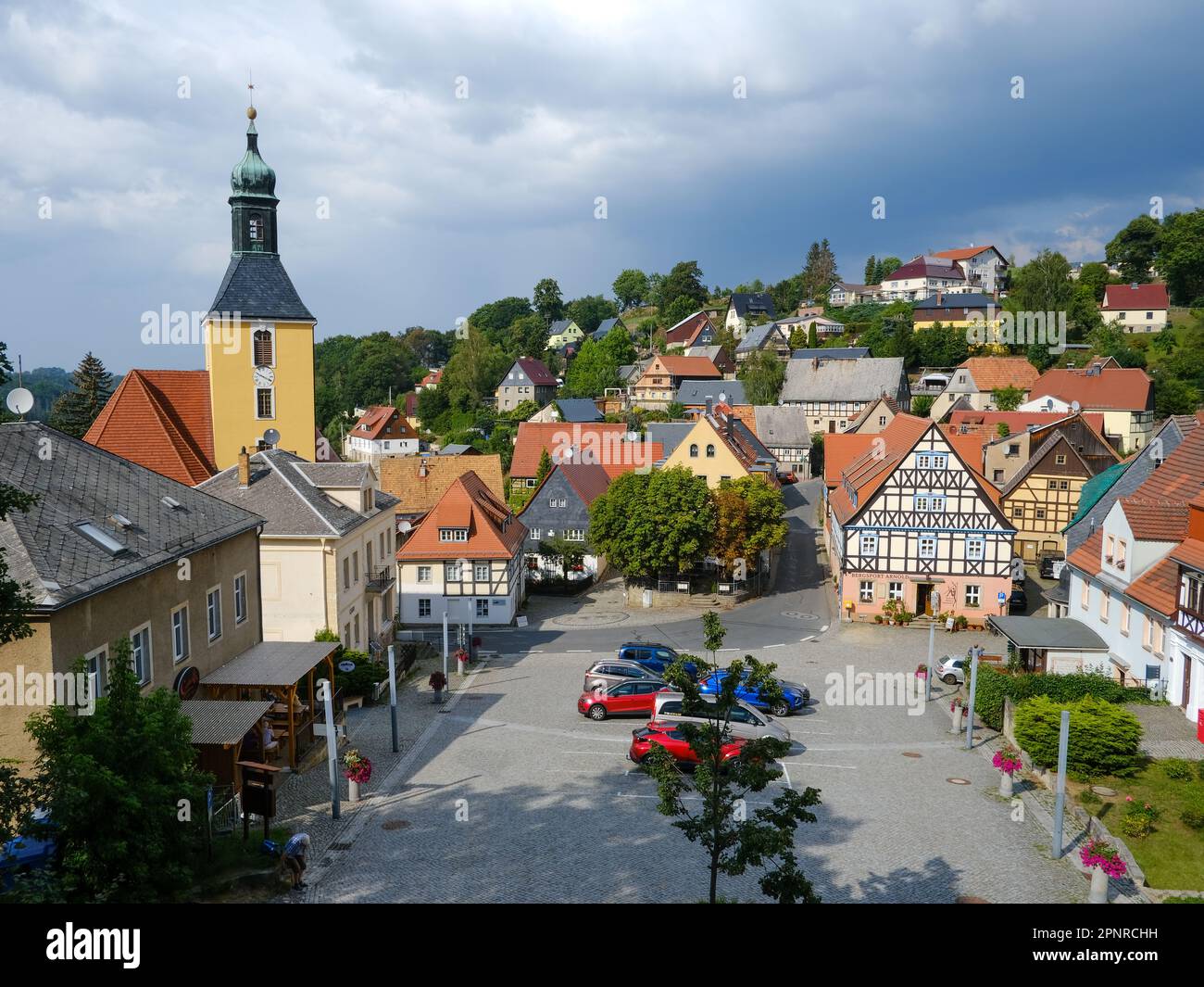 View over the market square of the town of Hohnstein in Saxon ...