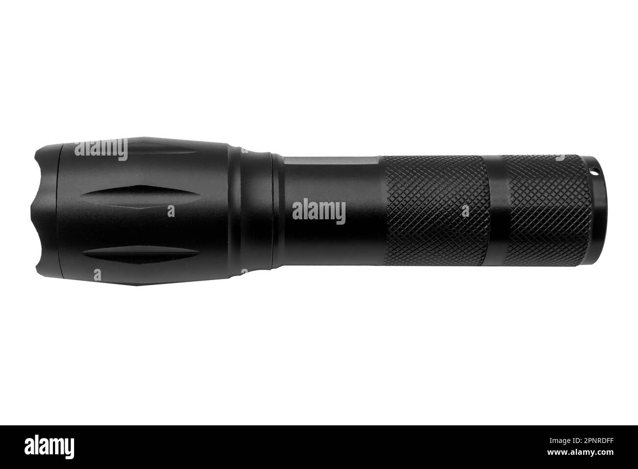 Modern black LED flashlight made of metal isolated on a white ...