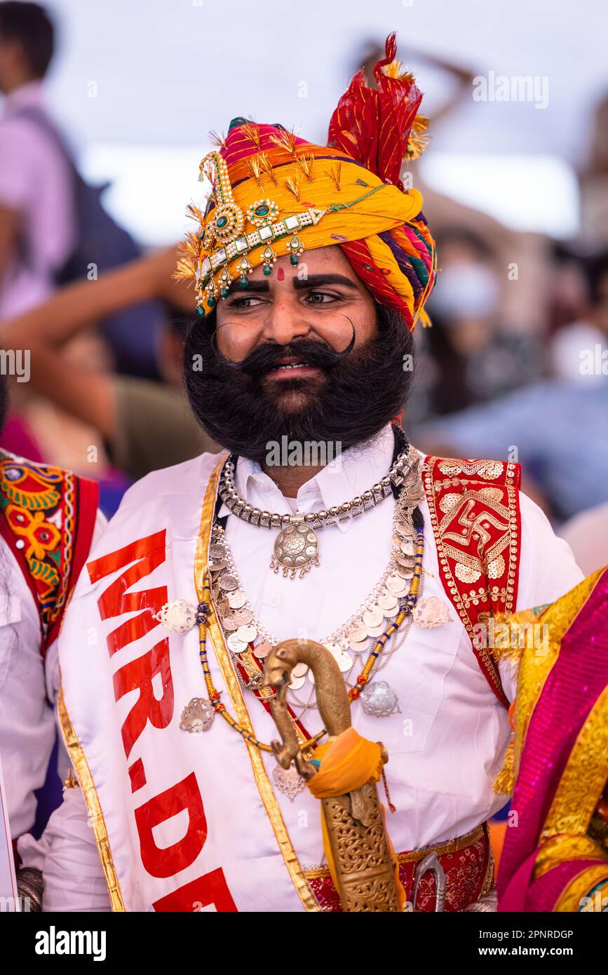 Pushkar fair Portrait of an rajasthani rajput male with beard and moustache wearing colorful traditional rajasthani dress and turban at pushkar fair Stock Photo Alamy