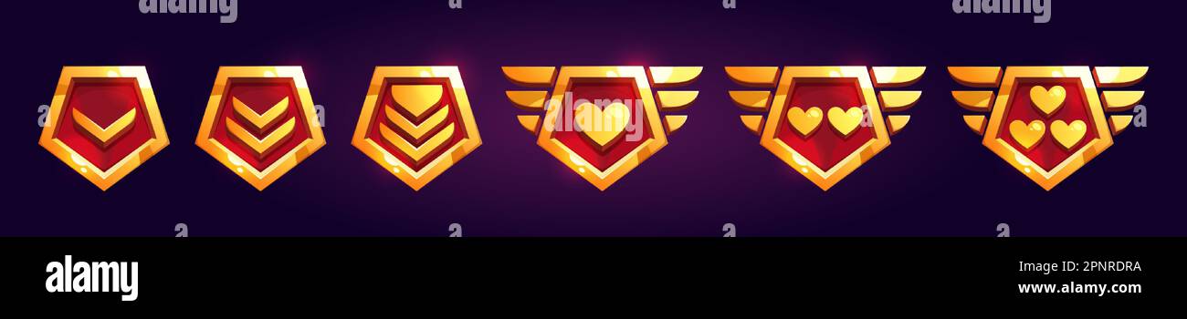Set of game rank badges with hearts isolated on background. Vector ...