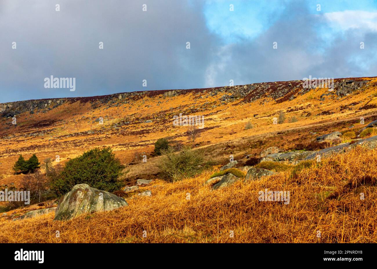 View looking towards Burbage Rocks in winter sunshine in the Peak ...