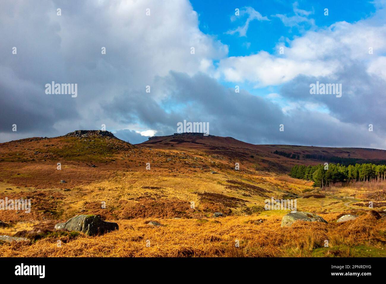 View looking up at Carl Wark an Iron Age hill fort in the Peak District ...