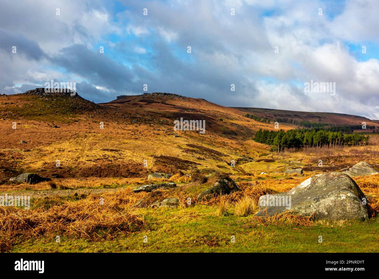 View looking up at Carl Wark an Iron Age hill fort in the Peak District ...