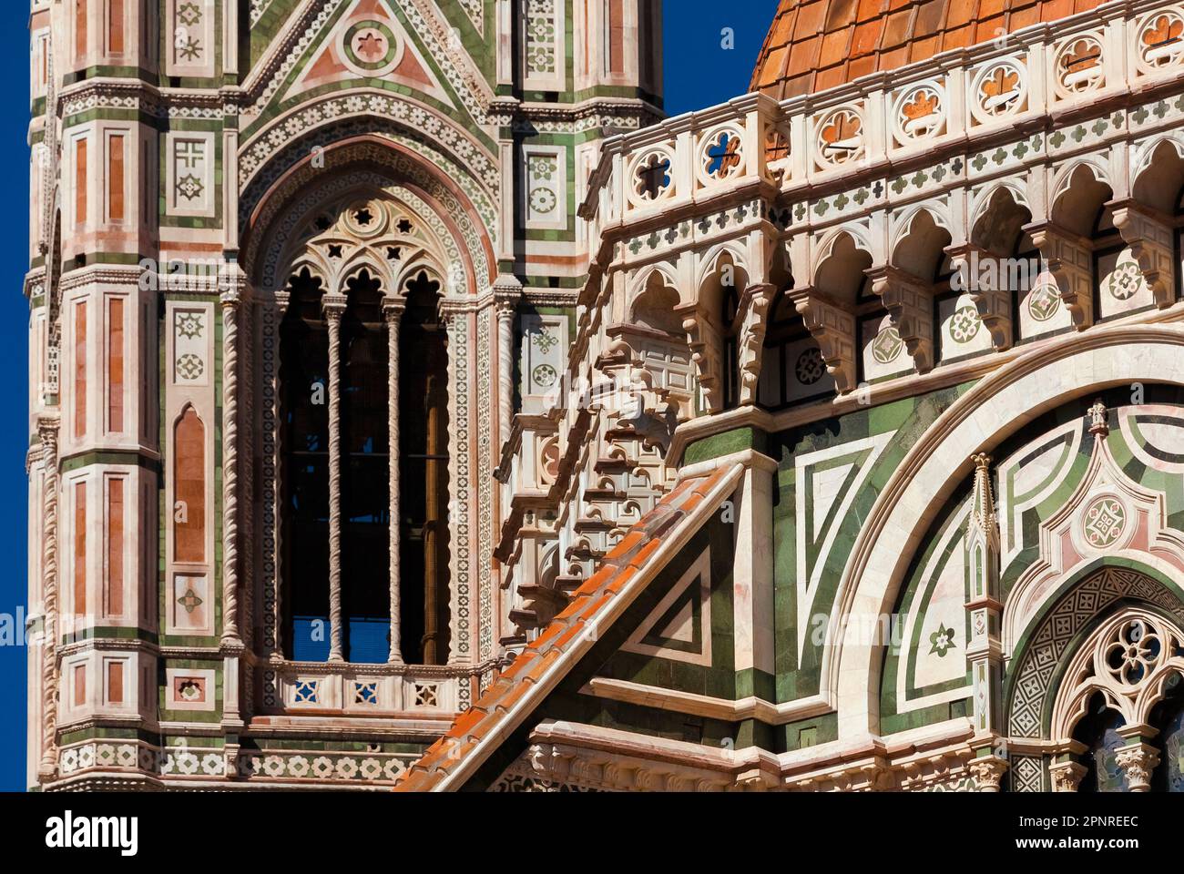 Gothic architecture in Florence. Apse and bell tower of St Mayr of the ...