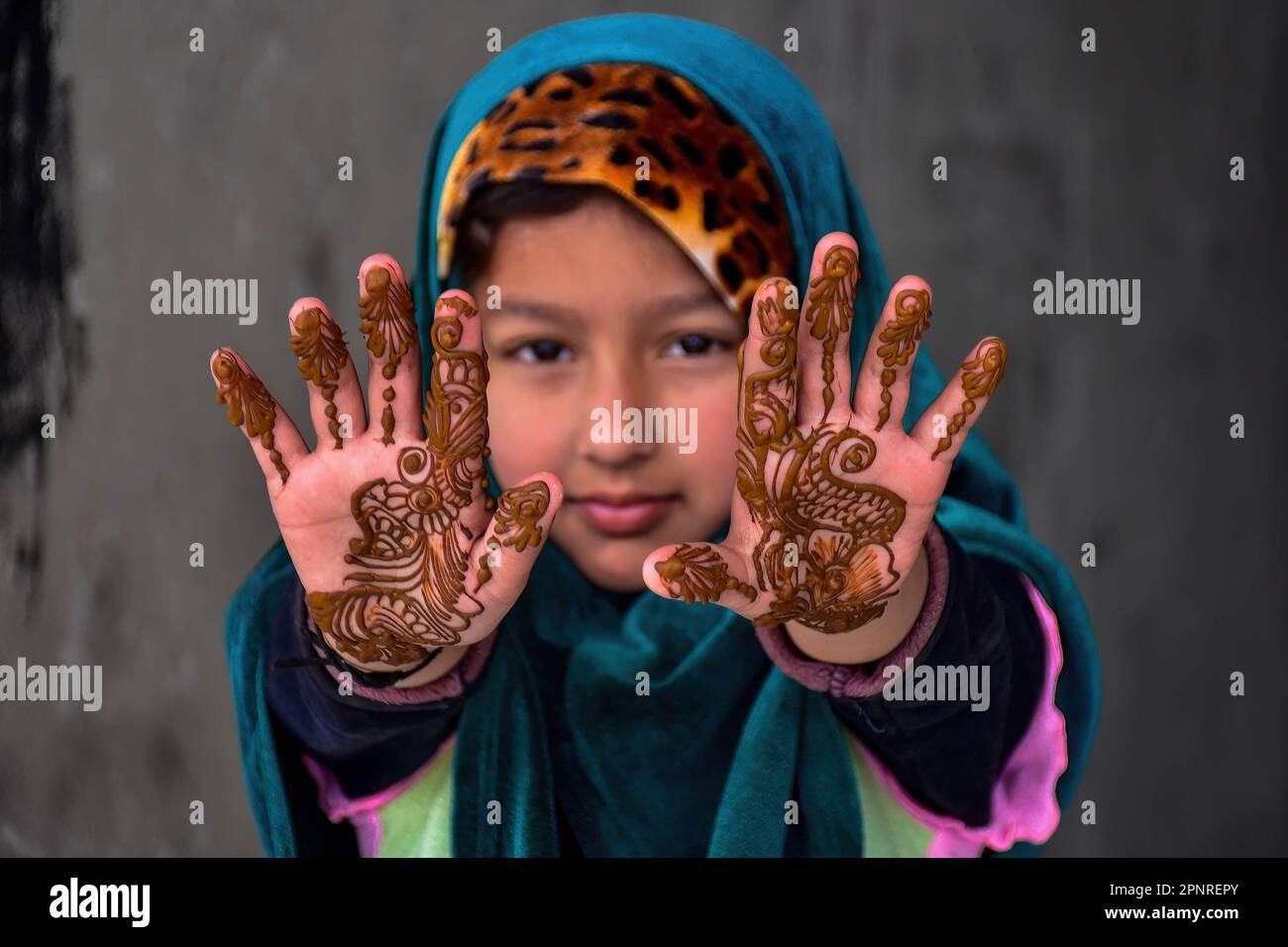 A Kashmiri Muslim girl shows off her henna-painted hands ahead of the ...