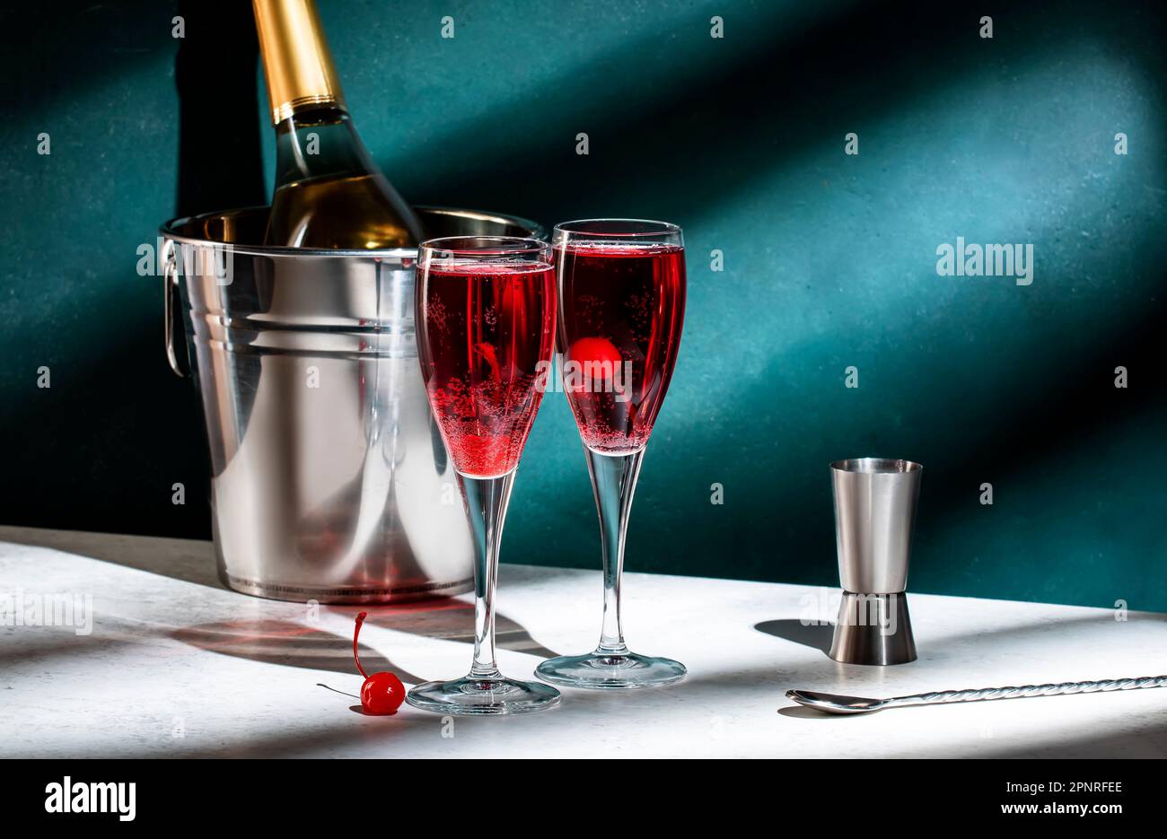 Kir Royale cocktail with black currant liqueur, prosecco wine and red ...