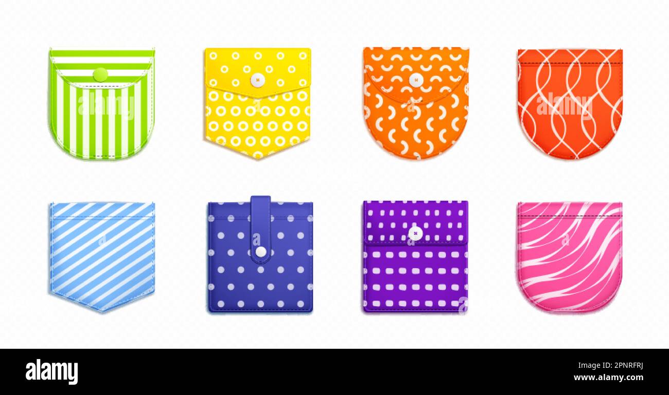 Cartoon cotton back pants pocket vector icon set. Front shirt patch ...