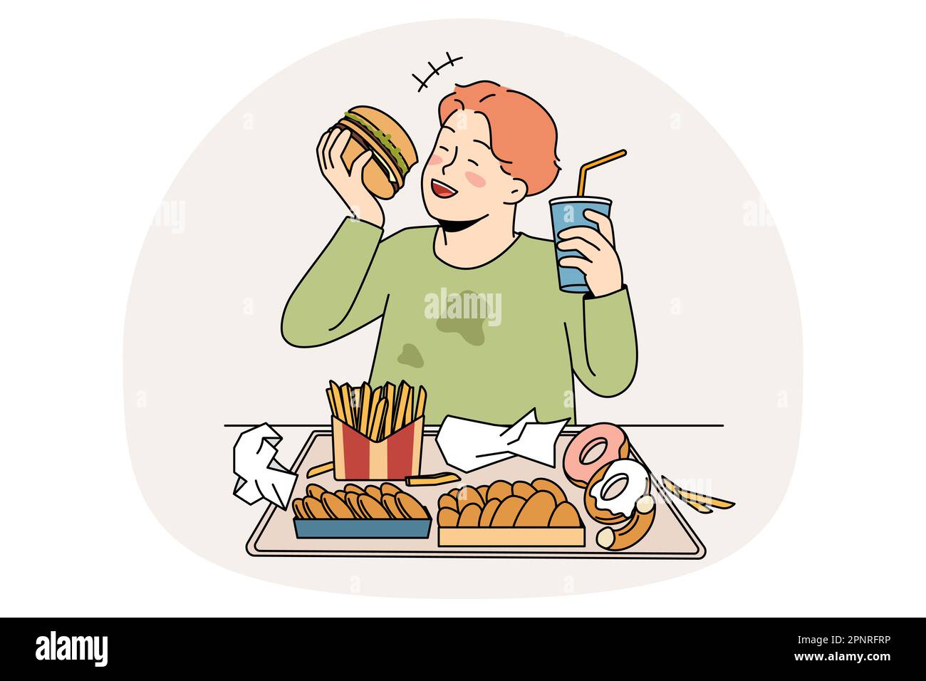 Unhealthy eating in childhood concept. Smiling cheerful fatty boy ...