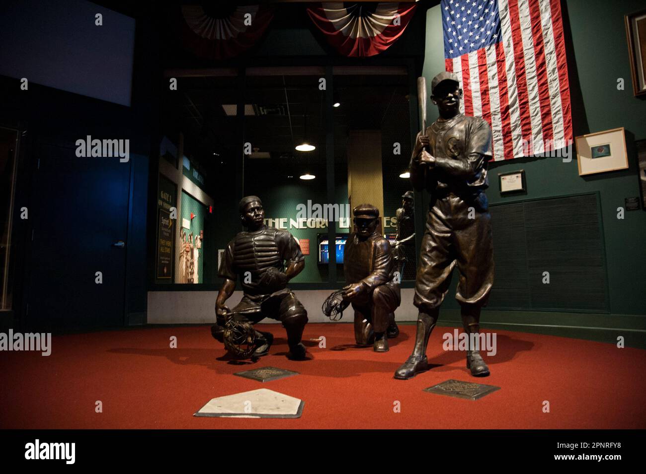 Statues of Negro League Baseball umpire Bob Motley, players Josh Gibson ...