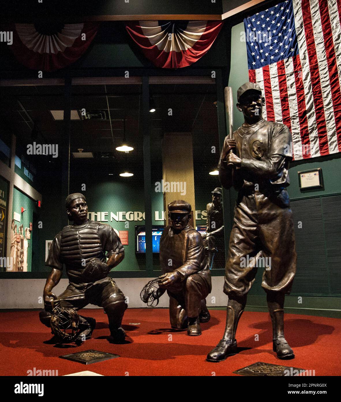 Statues of Negro League Baseball umpire Bob Motley, players Josh Gibson ...