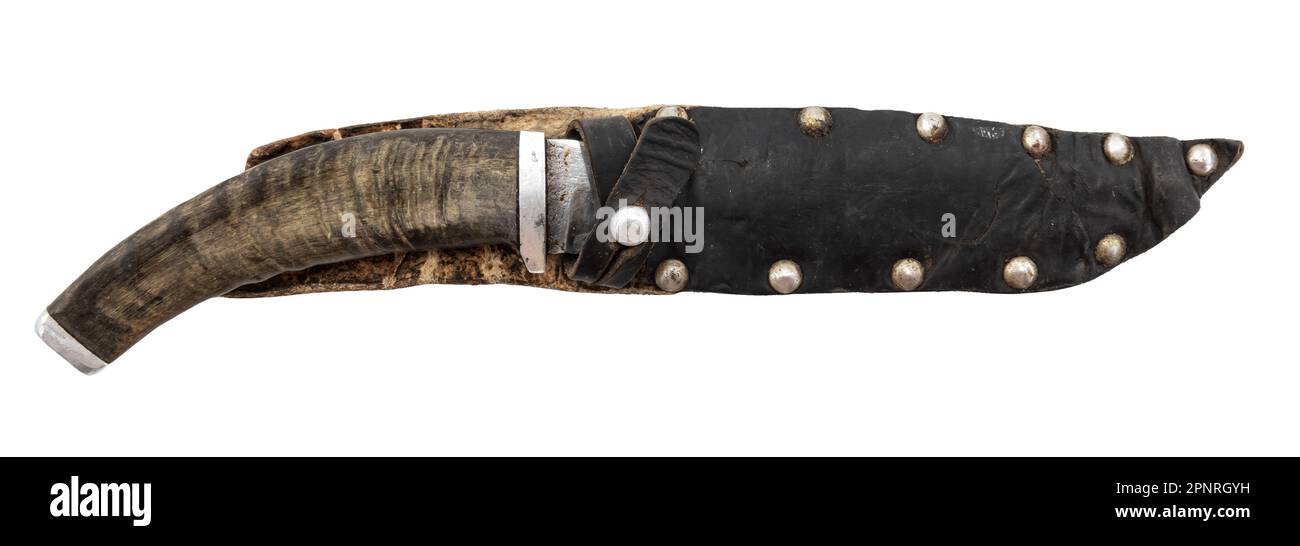Sharp hunting knife in a leather sheath on a white background. Knife ...