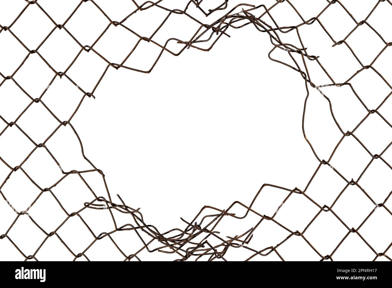 The texture of the metal mesh. Torn, destroyed, broken metal mesh on a ...