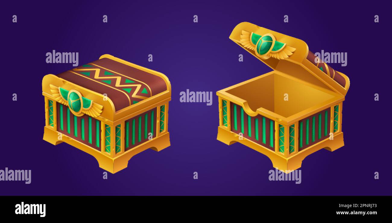 Closed and open Egyptian treasure chest set isolated on background ...