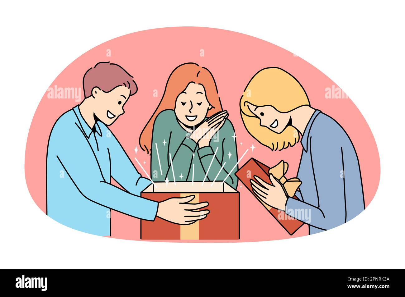 Surprise present and gift concept. Group of smiling cheerful excited ...