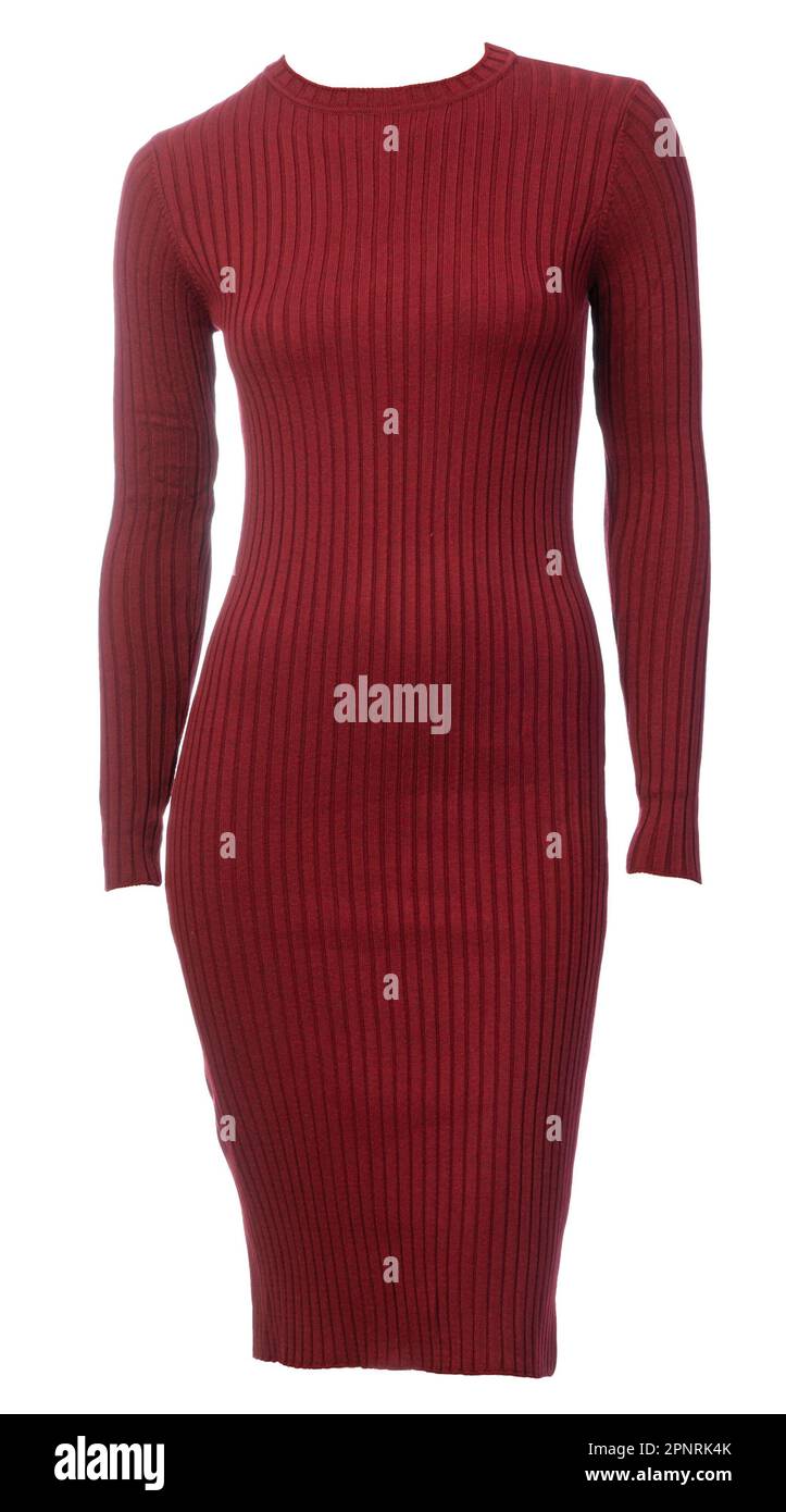 Red ribbed knitted crewneck long dress on female mannequin isolated on ...