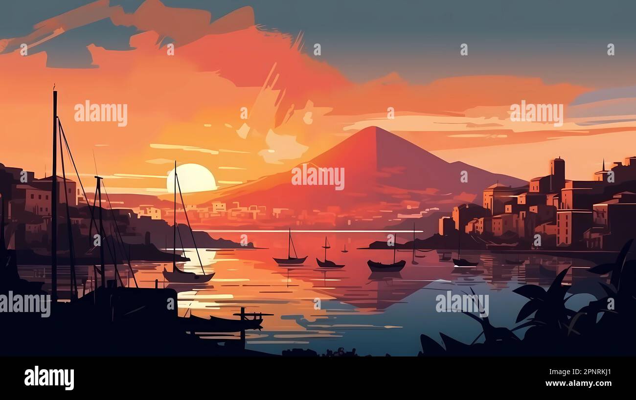 Illustration of a panoramic view of Naples and Mount Vesuvius, Italy ...