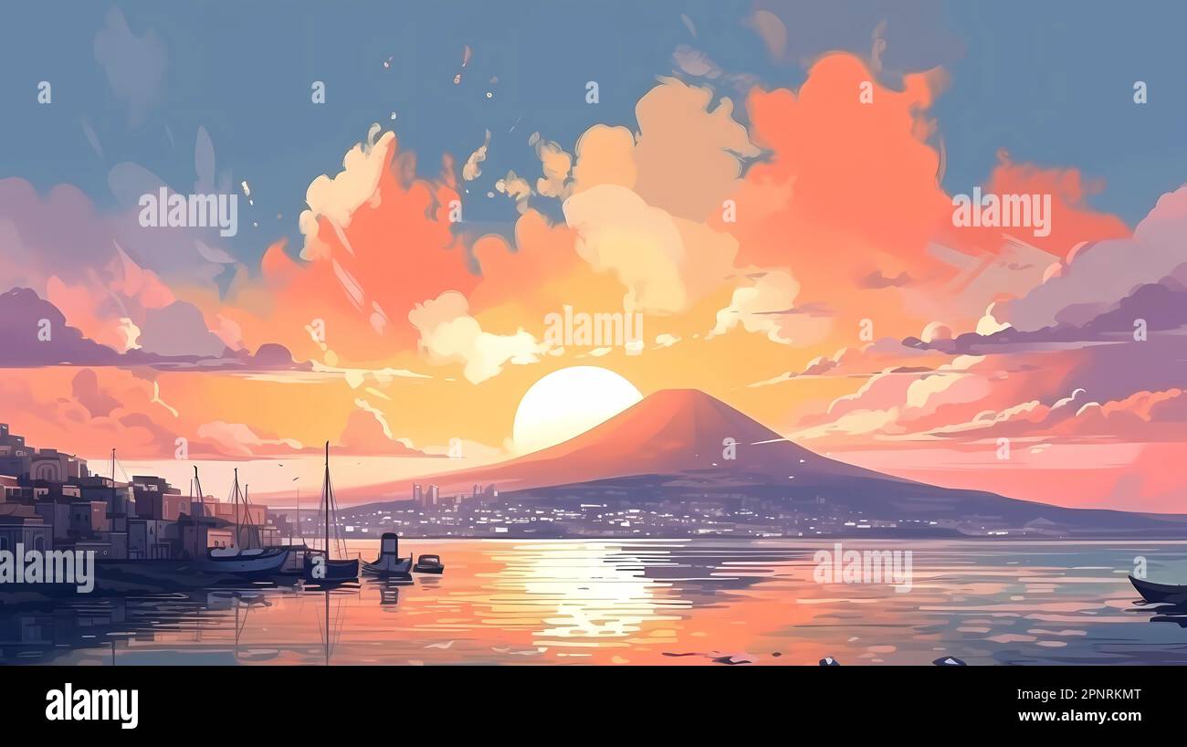 Illustration of a panoramic view of Naples and Mount Vesuvius, Italy ...