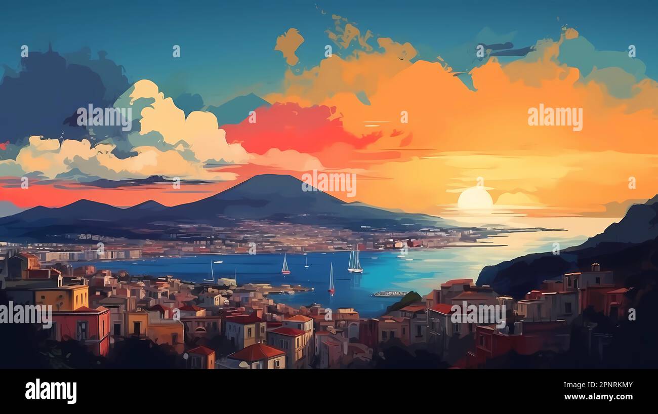 Illustration of a panoramic view of Naples and Mount Vesuvius, Italy ...
