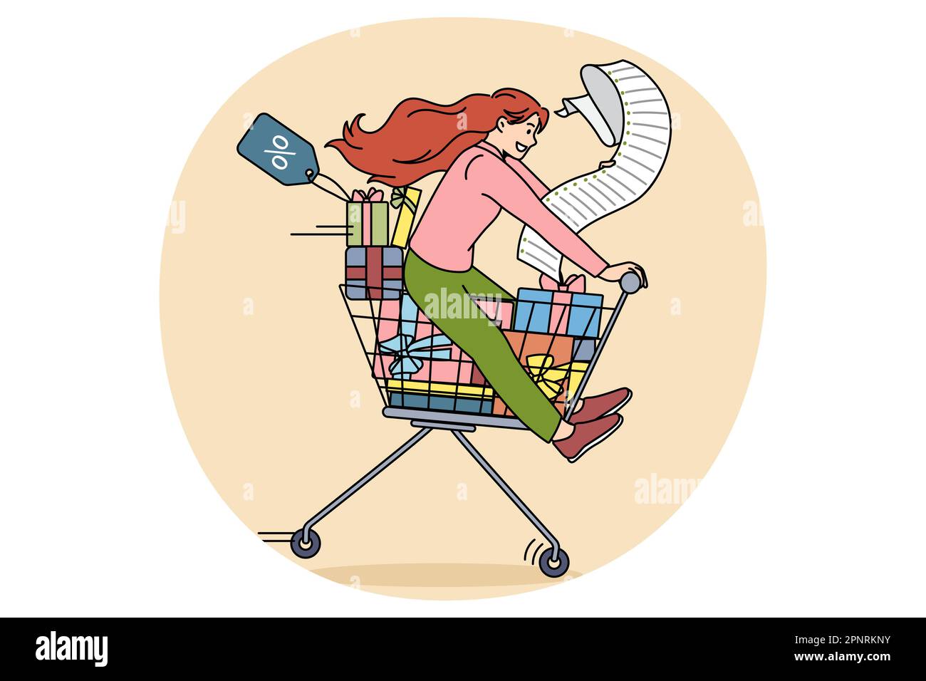 Shopping discounts and sales concept. Happy young excited woman riding ...