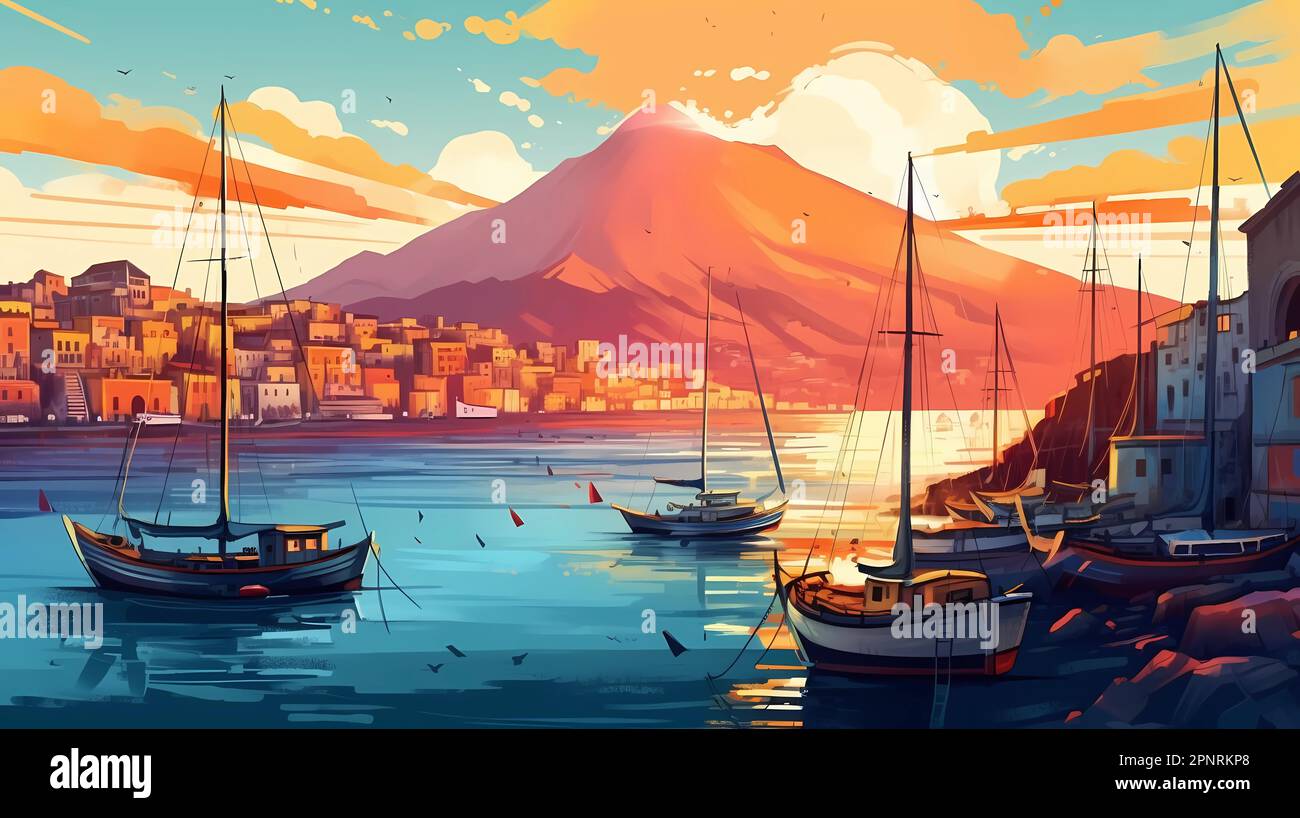 Illustration of a panoramic view of Naples and Mount Vesuvius, Italy ...