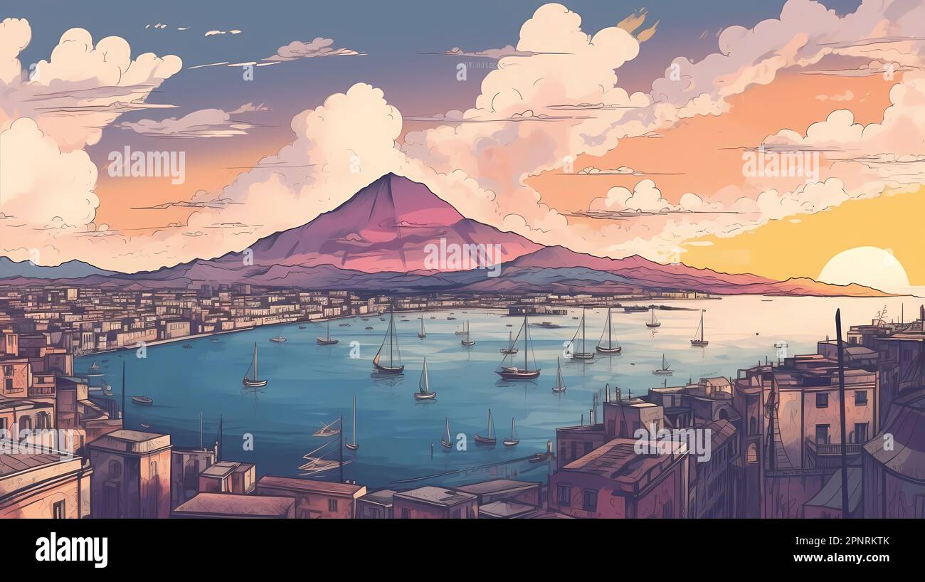 Illustration of a panoramic view of Naples and Mount Vesuvius, Italy ...