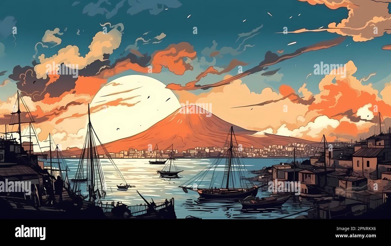 Illustration of a panoramic view of Naples and Mount Vesuvius, Italy ...