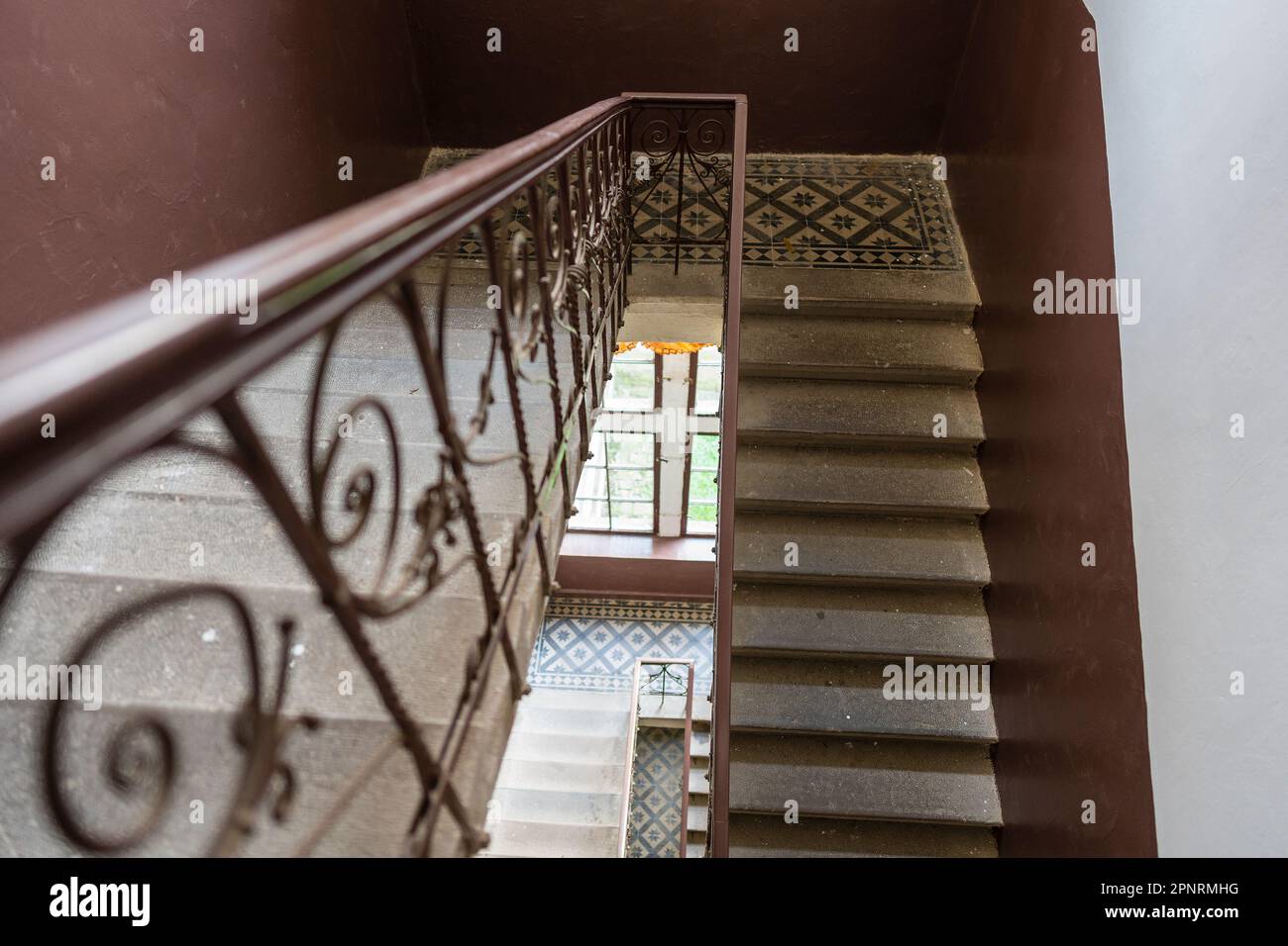 The vintage metal style stair railing. Fall protection. Retro design of ...
